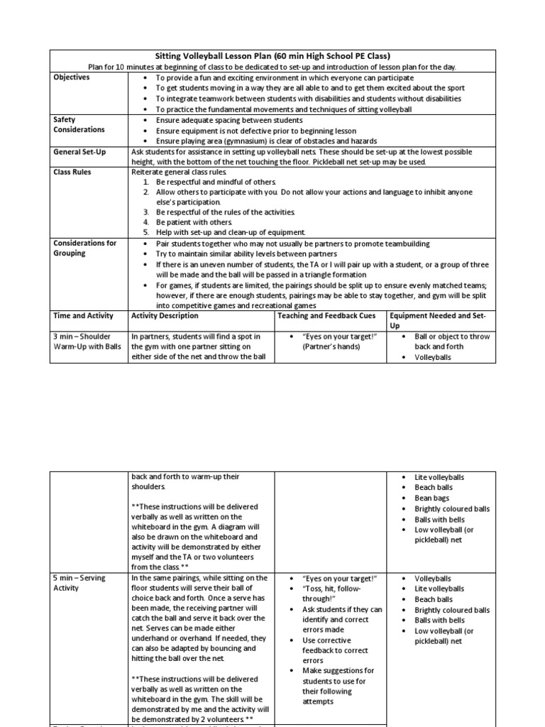 Sit Volleyball Lesson Plan | PDF | Volleyball | Hand