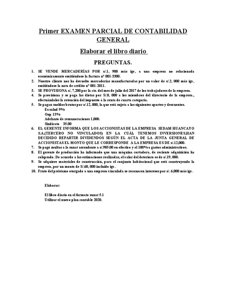Primer EXAMEN PARCIAL DE CONTABILIDAD GENERAL | PDF