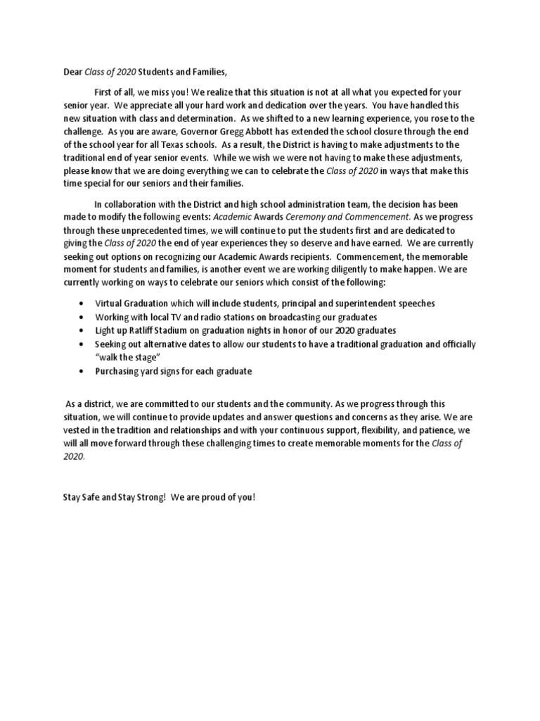 Dear Class of 2020 Students and Families Letter | PDF