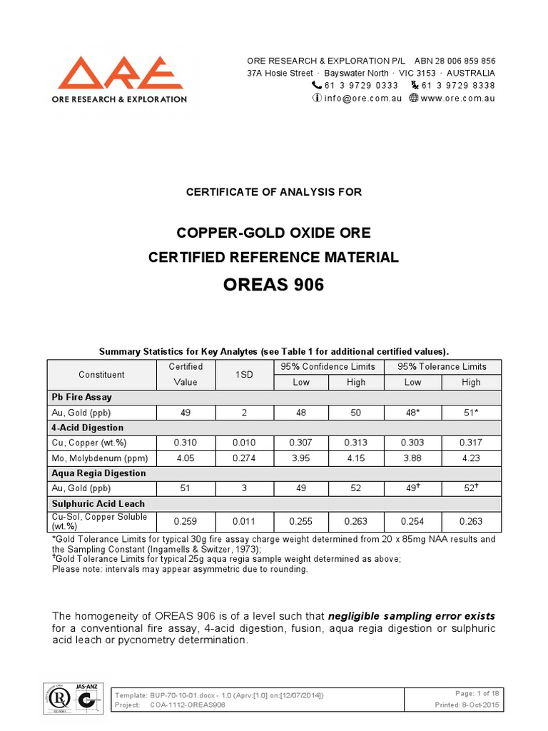 OREAS 906 Certificate | PDF | Standard Deviation | P Value