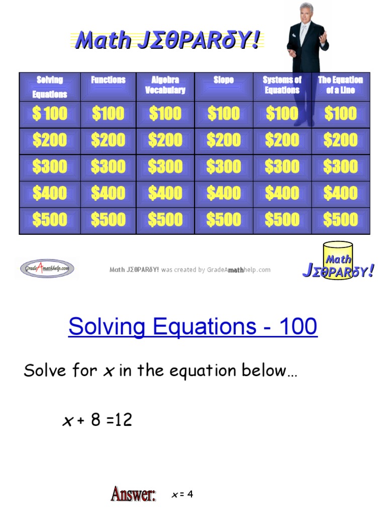 Math Jeopardy Algebra | PDF | Equations | Mathematical Analysis