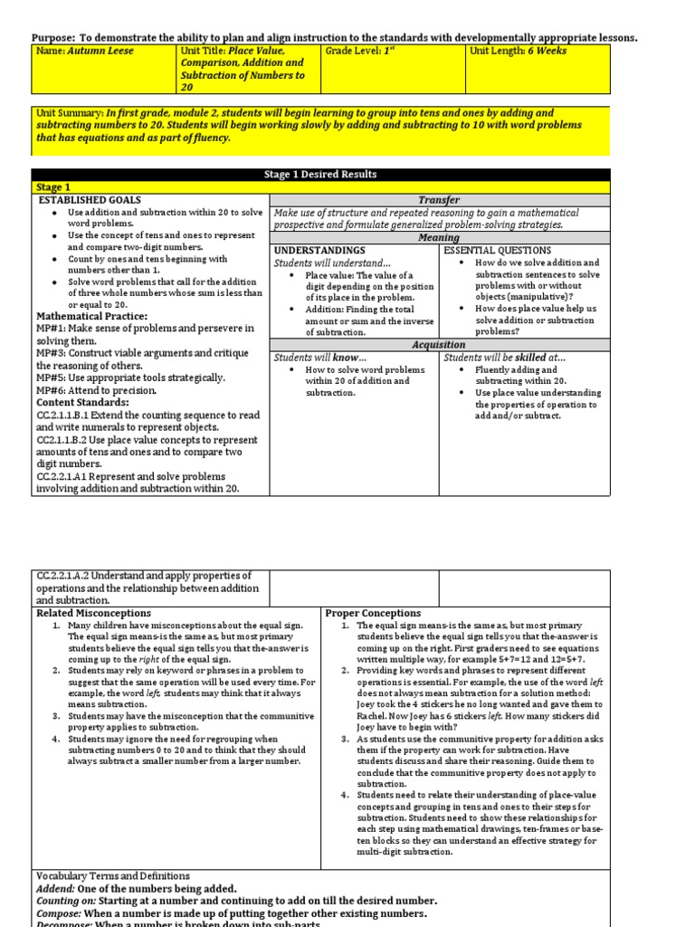 Math Unit Plan | PDF | Subtraction | Worksheet
