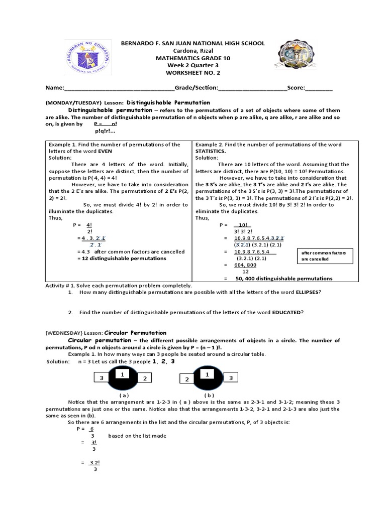 Grade 10 Math Worksheet: Permutations & Combinations | PDF | Permutation | Mathematical Concepts