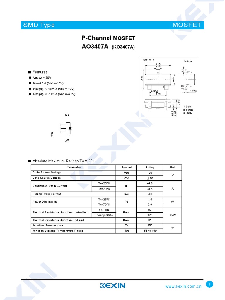 Ao3407 A7 A79t x7kv Code Psot23 | PDF | Field Effect Transistor | Mosfet