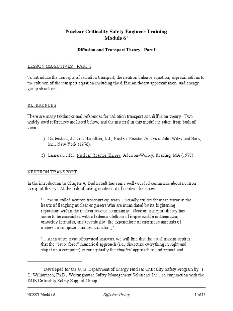 Nuclear Criticality Safety Engineer Training: Diffusion and Transport ...