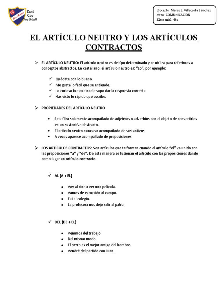 El Artículo Neutro y Los Artículos Contractos | PDF | Mecánica del ...