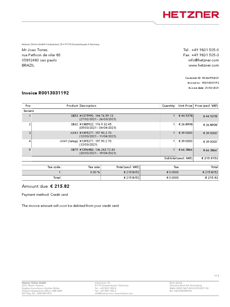 Hetzner 2021-03-21 R0013031192 | PDF | Invoice | Financial Technology