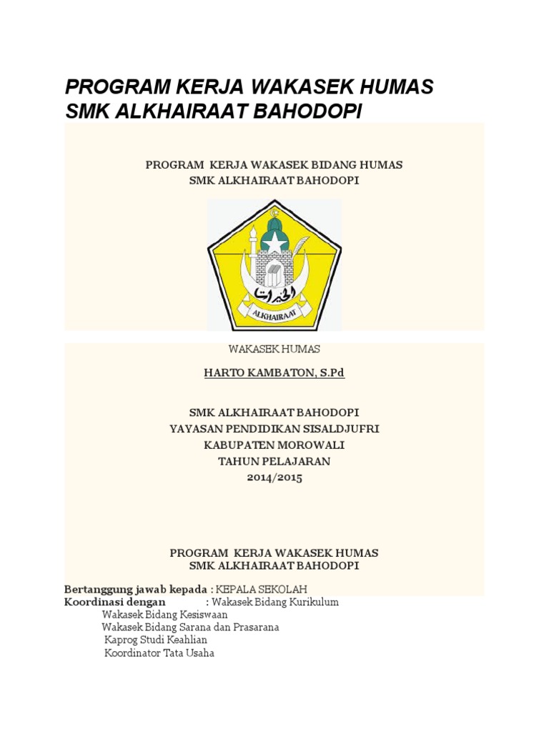 Program Kerja Wakasek Humas SMK Alkhairaat Bahodopi | PDF