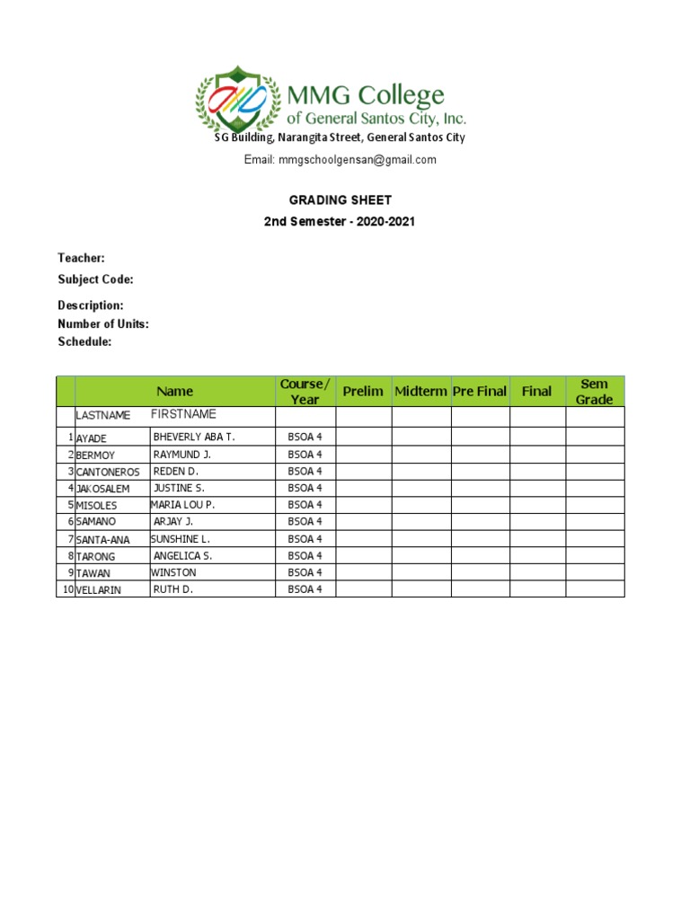 Grading Sheet 2nd Semester - 2020-2021: SG Building, Narangita Street ...