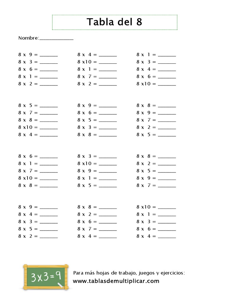 Multiplication Table of 8 Worksheet | PDF | Computers | Technology ...