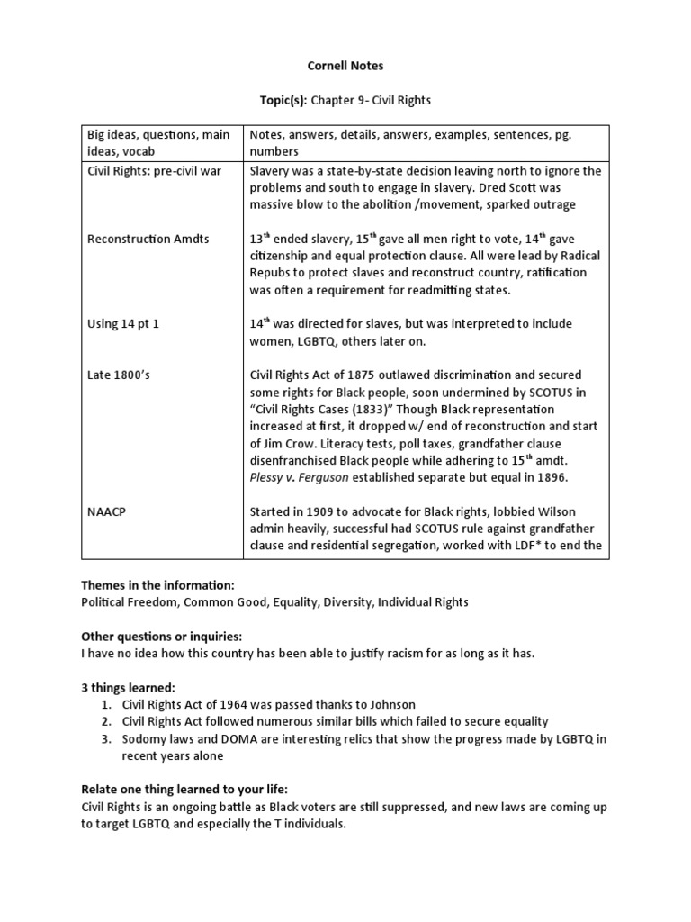 Cornell Notes Topic(s) : Chapter 9-Civil Rights: Plessy v. Ferguson ...