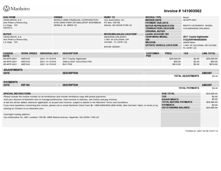 Invoice for the Sale of a 2017 Toyota Highlander from Manheim Orlando ...