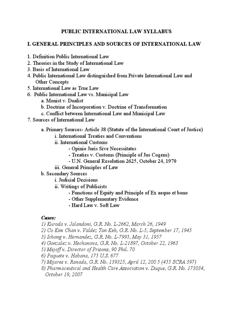 Public International Law Syllabus I. General Principles and Sources of ...