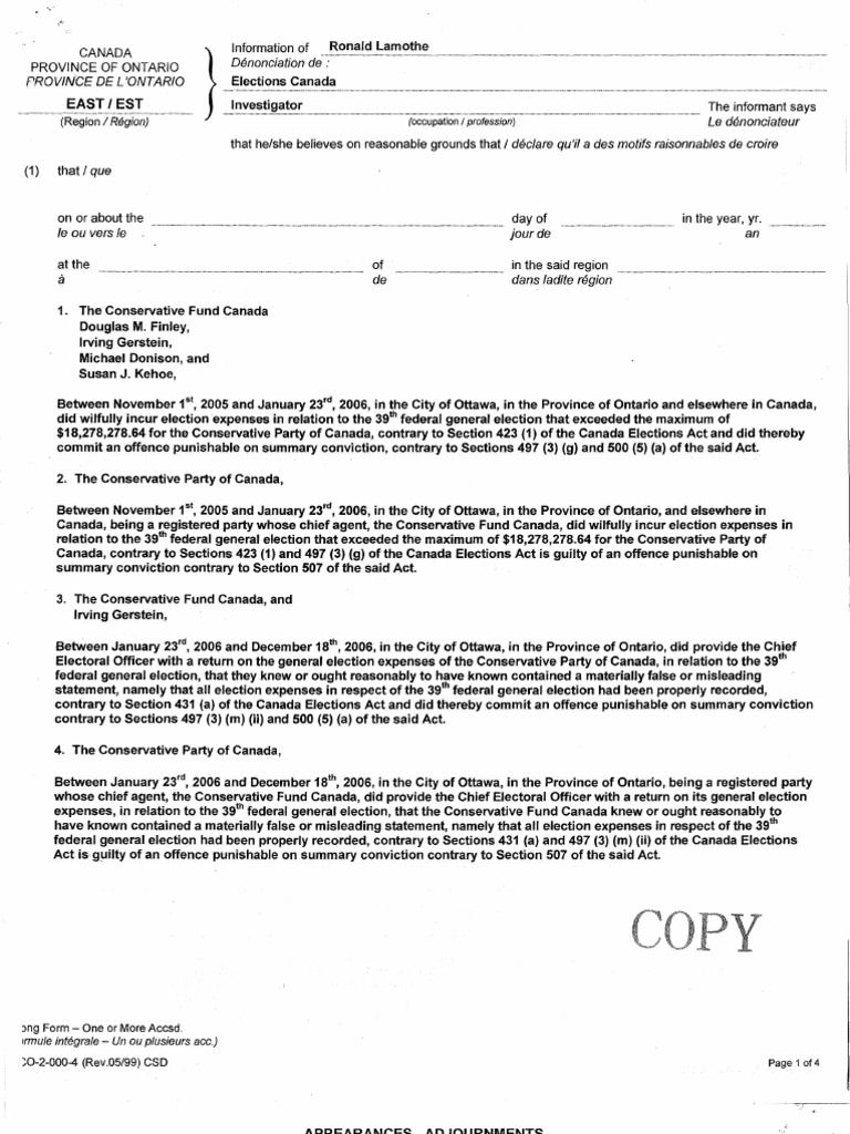 Charge Sheet For Conservative Party, Doug Finley, Irving Gerstein ...