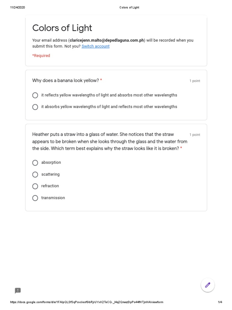 The Visible Light Quiz Google Forms PRINTED | PDF | Light ...