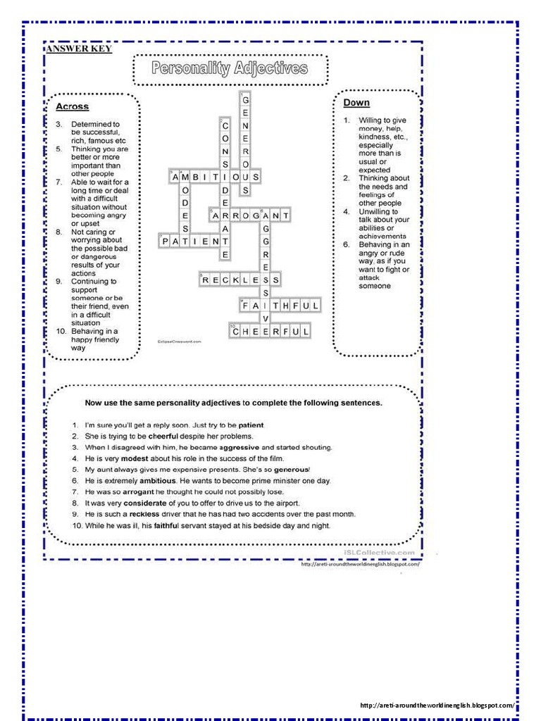 Personality Adjectives Crossword Puzzle | PDF