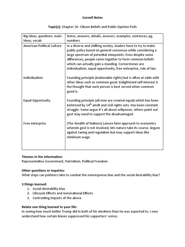Cornell Notes Topic(s) : Chapter 10-Citizen Beliefs and Public Opinion ...