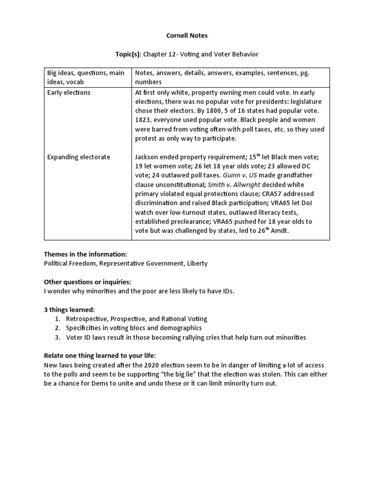 Cornell Notes Topic(s) : Chapter 12-Voting and Voter Behavior ...