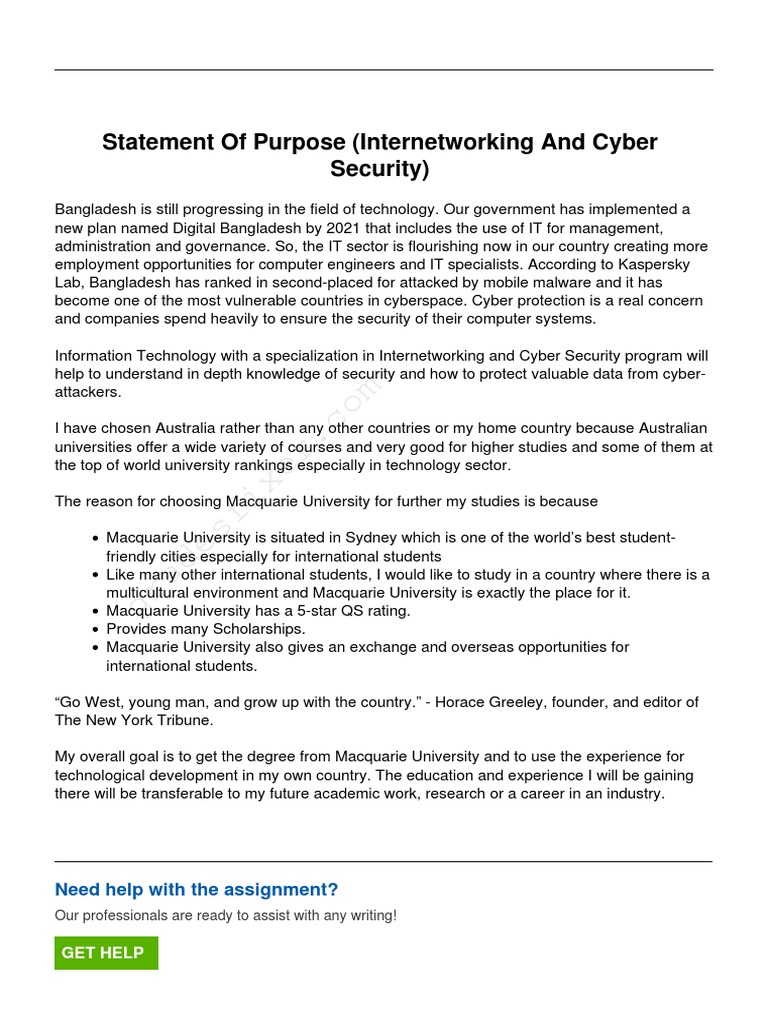 Statement of Purpose (Internetworking and Cyber Security) : Need Help With The Assignment? | PDF ...