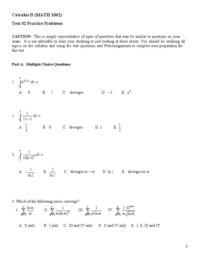 Calculus II (MATH 1062) Test #2 Practice Problems | PDF | Series ...