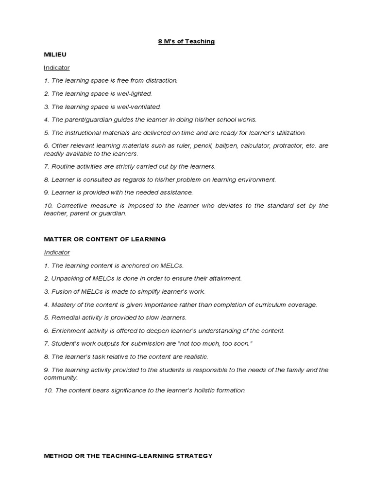 Indicator: 8 M's of Teaching Milieu | PDF | Resource | Teachers