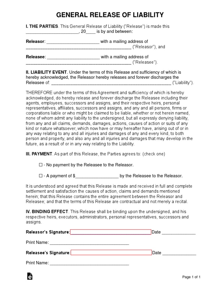 General Release of Liability Form | PDF | Legal Concepts | Business Law