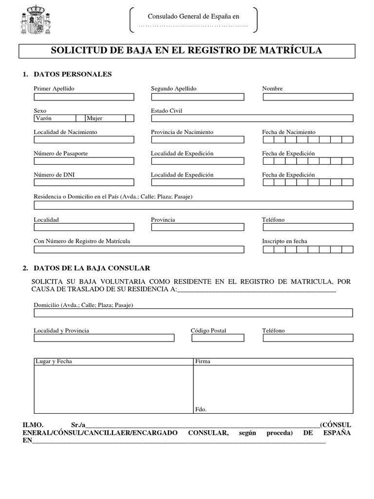 RMC8. Formulario Solicitud Baja en Registro de Matrícula Consular | PDF