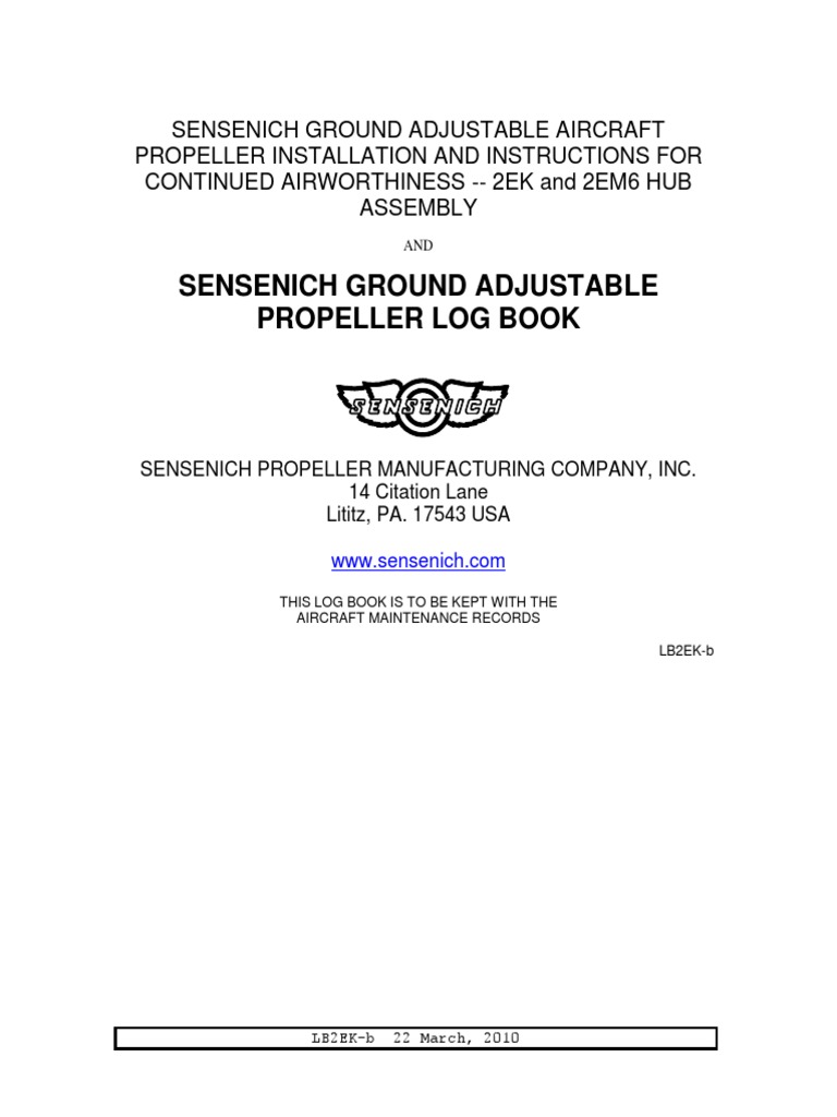Sensenich Ground Adjustable Propeller Log Book | PDF | Screw | Propeller