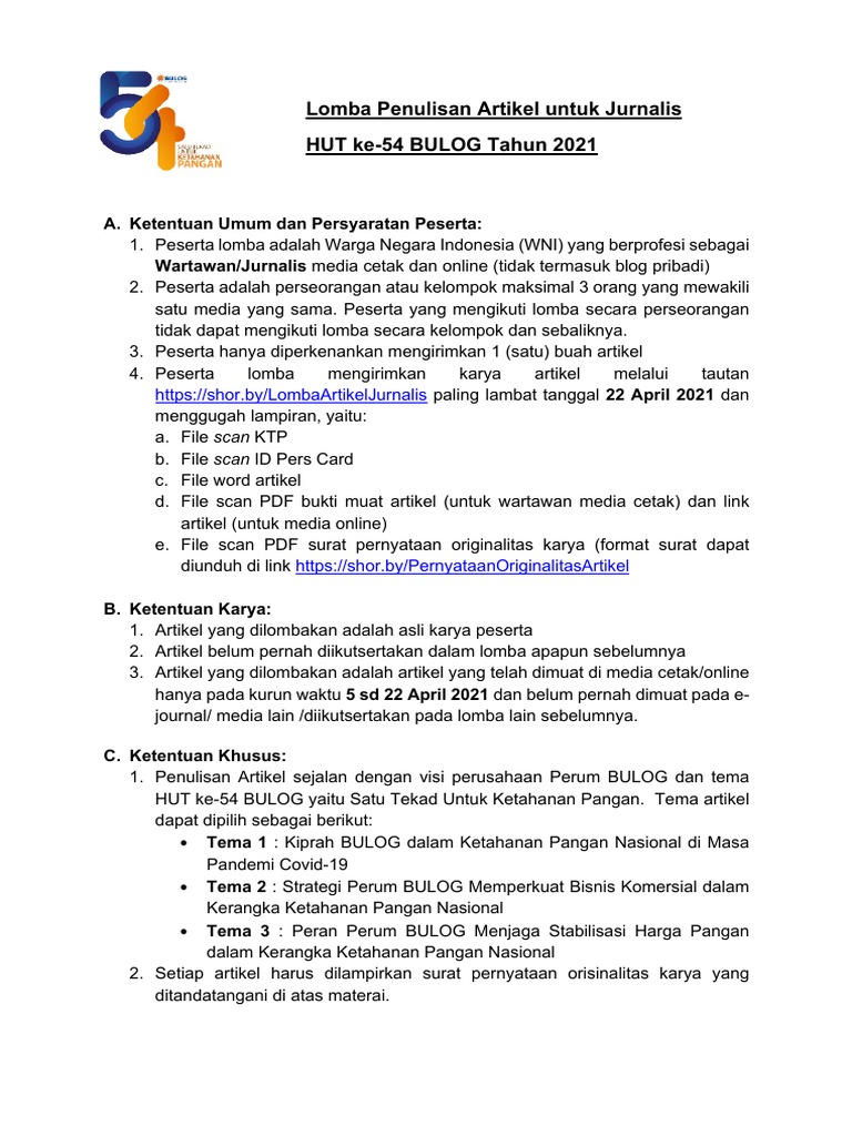 Ketentuan Lomba Penulisan Artikel HUT 54 BULOG | PDF Ketentuan Lomba Penulisan Artikel HUT 54 BULOG | PDF