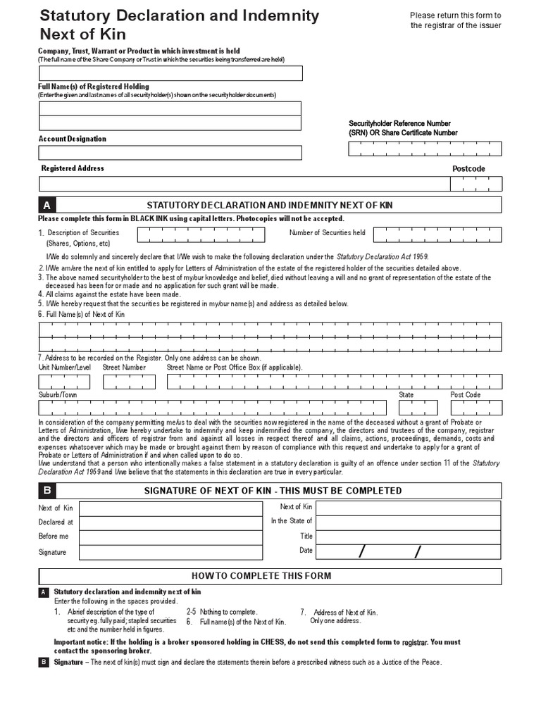 Statutory Declaration and Indemnity Next of Kin | PDF | Securities ...
