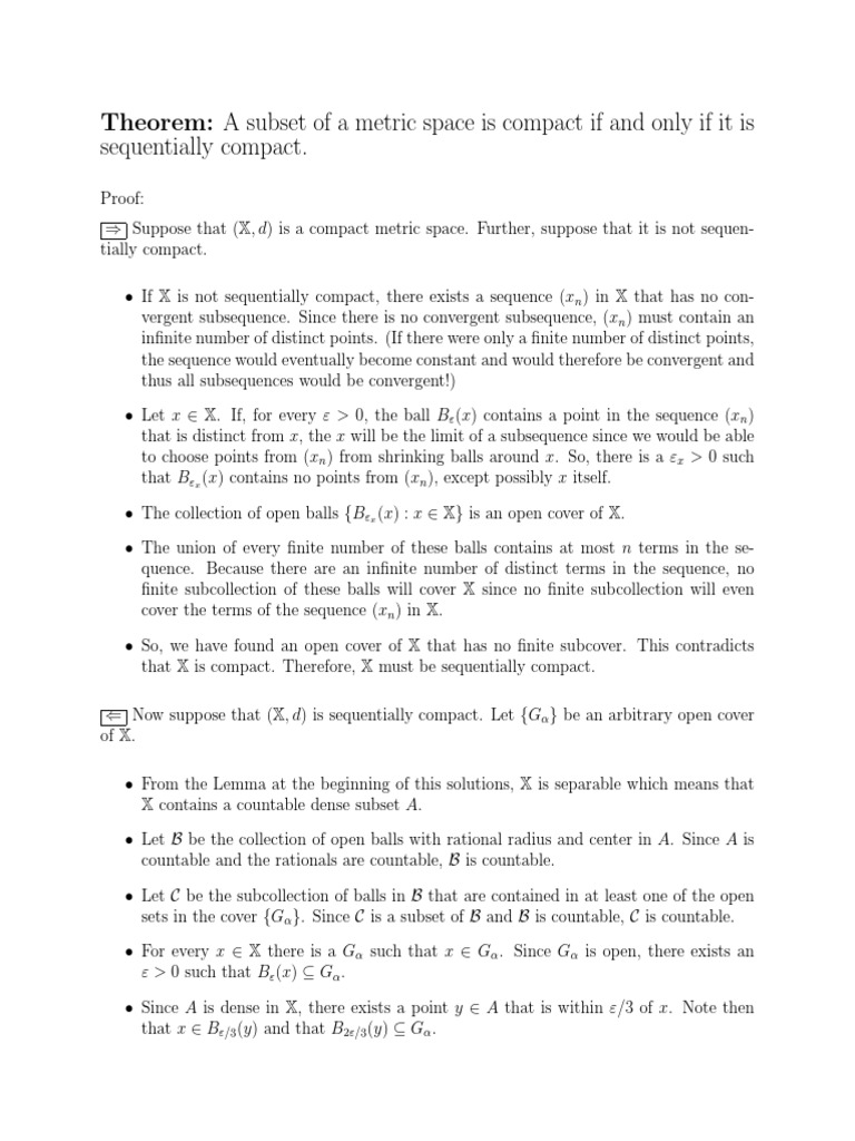 Theorem A Subset Of A Metric Space Is Compact If And Only If It Is Sequentially Compact Pdf