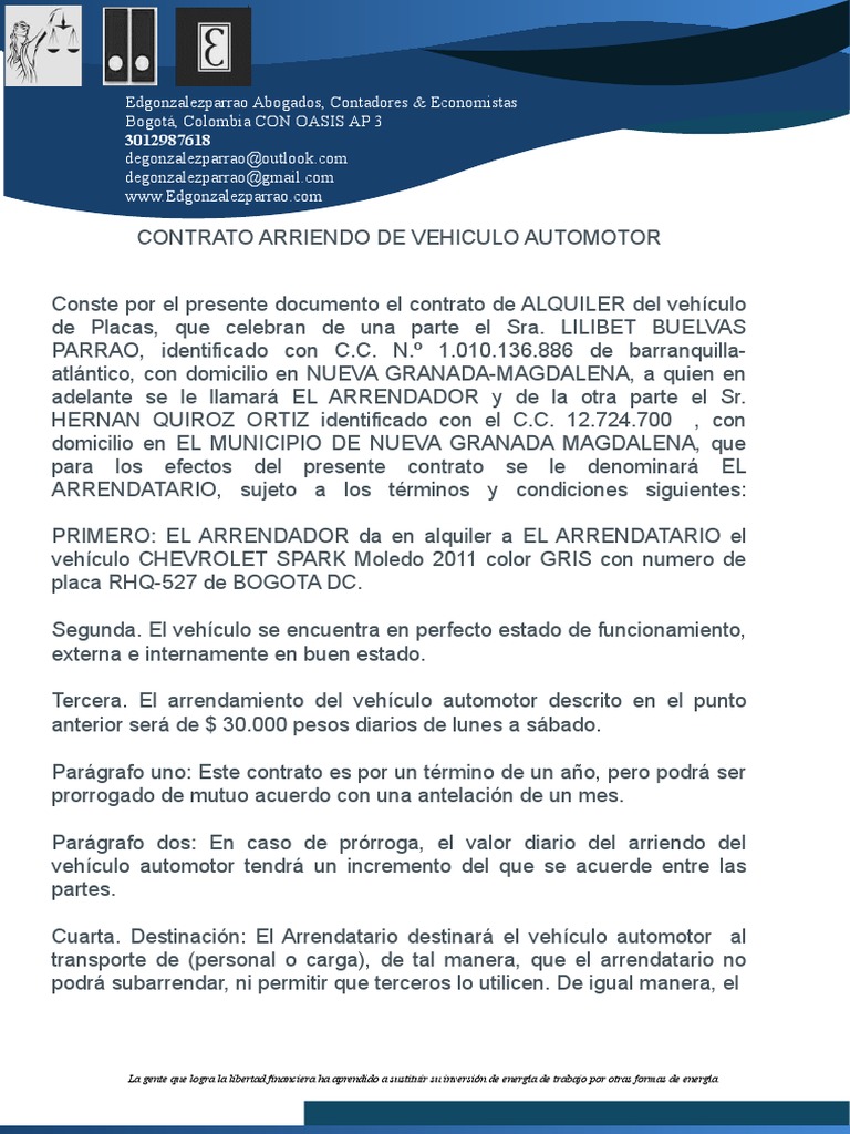 CONTRATO DE ARRENDAMIENTO DE VEHICULo | PDF | Alquiler