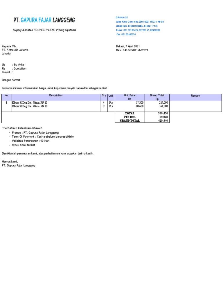 Penawaran Proyek Pipa Polyethylene | PDF