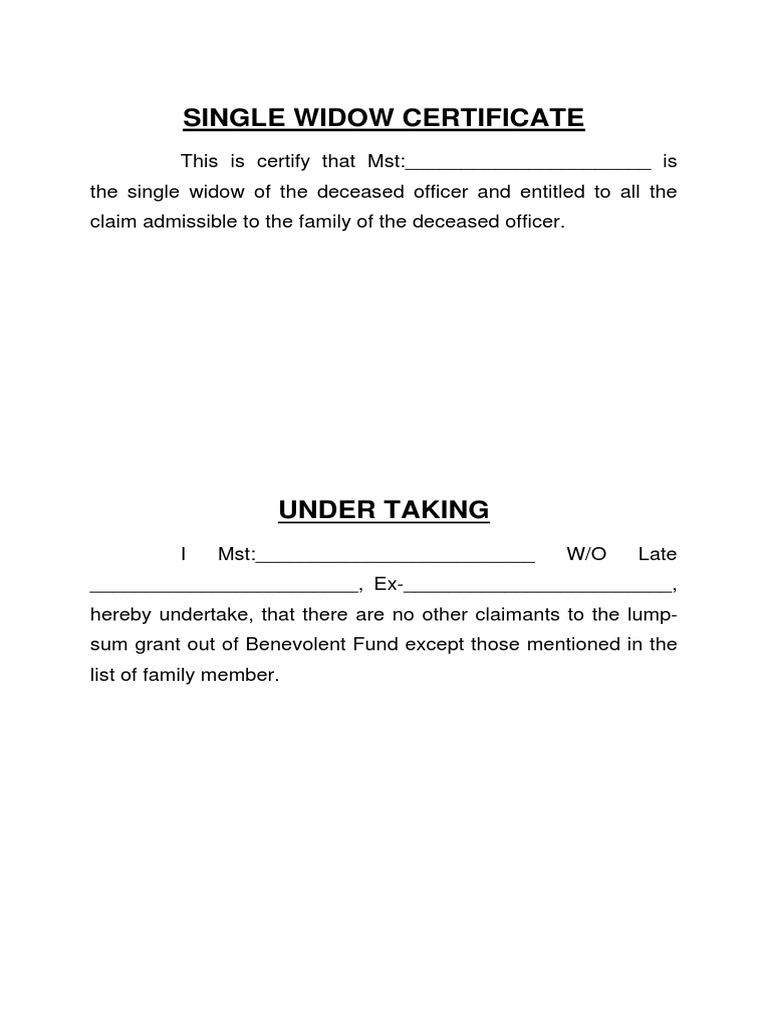 Under-Taking - Single Widow Certificate | PDF