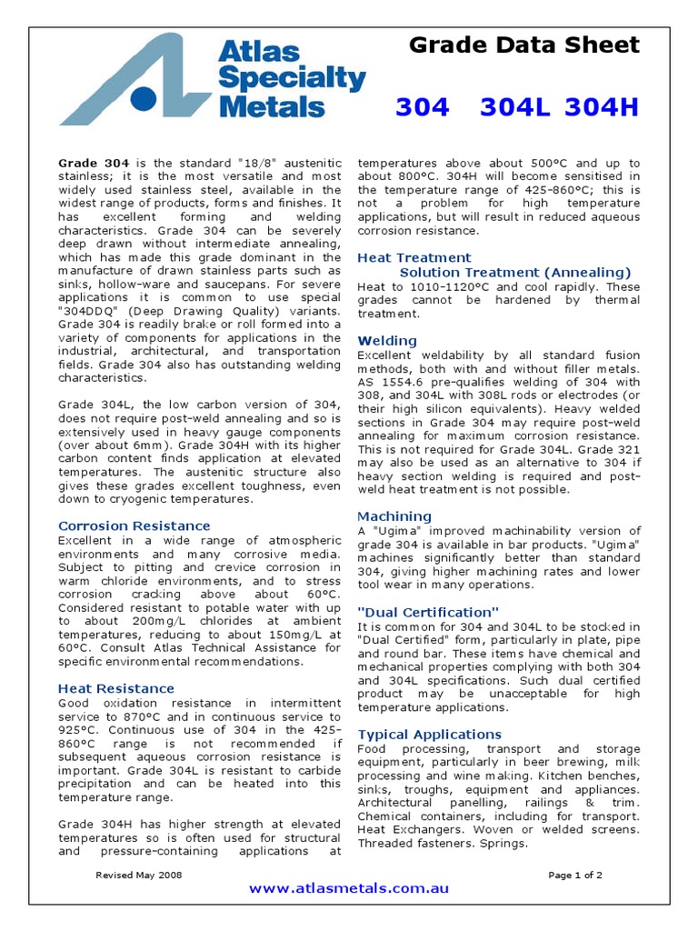 Data Sheet For Ss 304 Grade | PDF | Stainless Steel | Sheet Metal