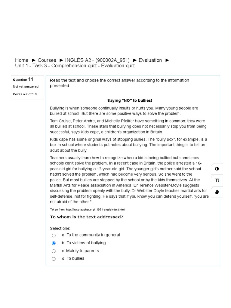 Unit 1 - Task 3 - Comprehension Quiz - Evaluation Quiz 3 | PDF | Bullying | Human Nature
