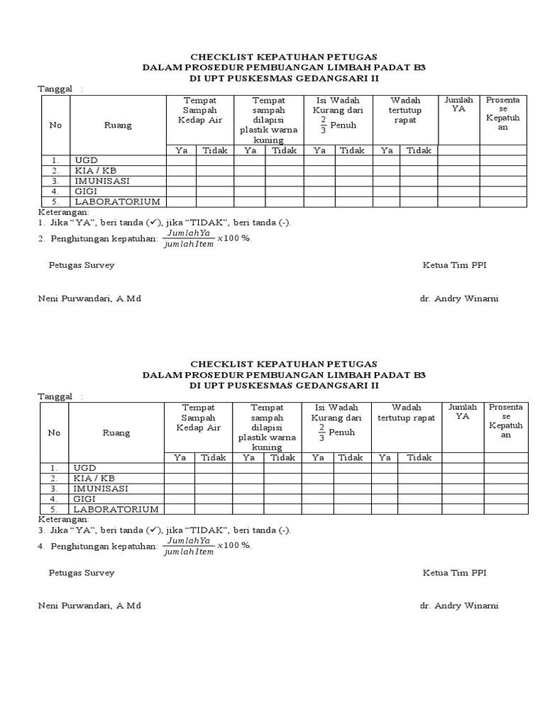 Checklist Kepatuhan Petugas Dalam Menangani Limbah Padat B3 | PDF
