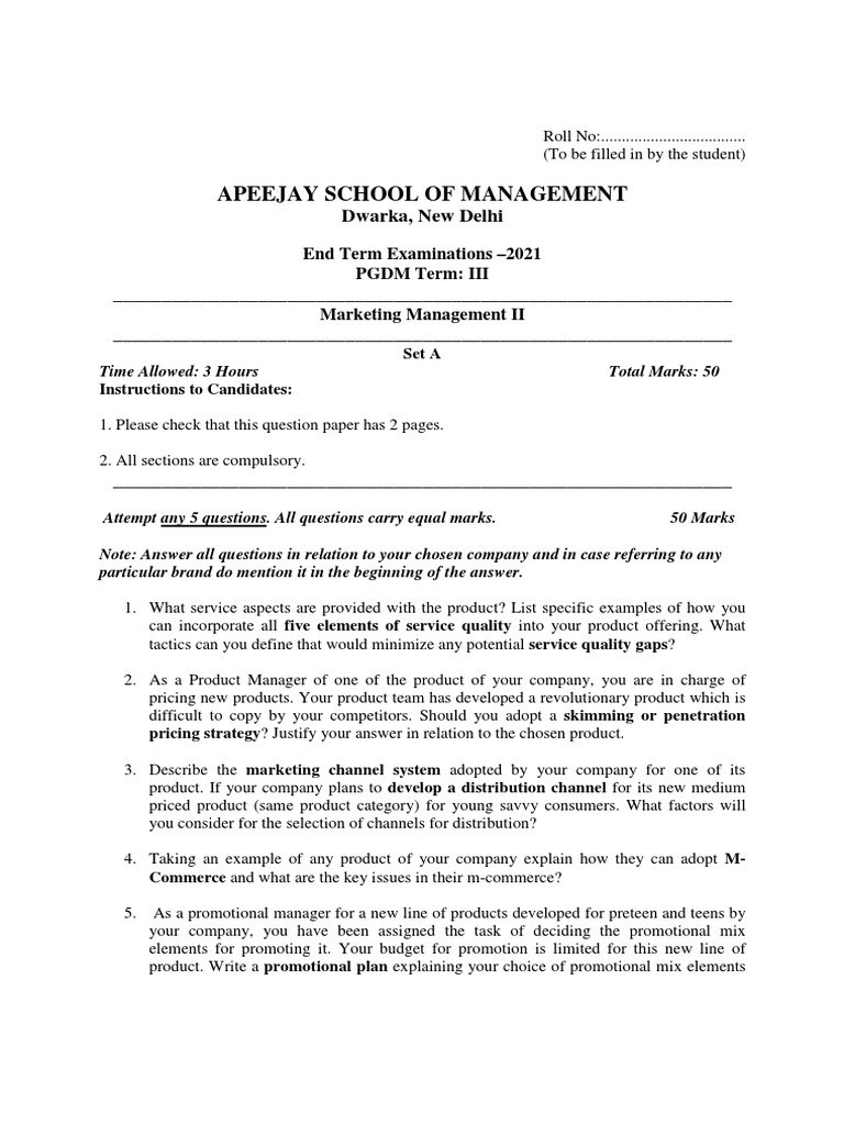 Marketing Management Exam Paper 2021 | PDF | Marketing | Public Sphere