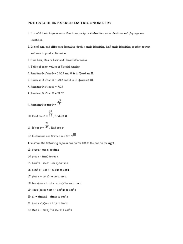 Pre Calculus Exercises: Trigonometry | PDF | Trigonometric Functions | Sine