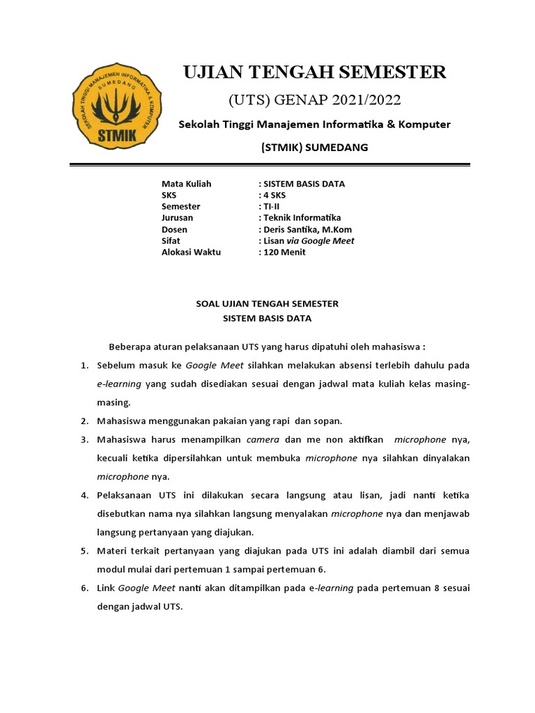 SOAL UTS SISTEM BASIS DATA Semester 2 2020 | PDF