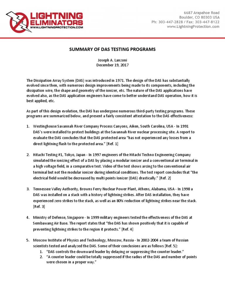 Summary of Das Testing Programs | PDF | Lightning | High Voltage