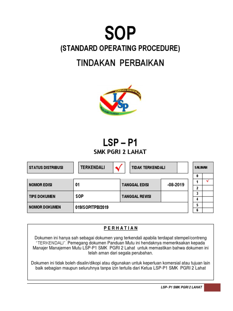 Tindakan Perbaikan SOP LSP-P1 SMK PGRI 2 | PDF