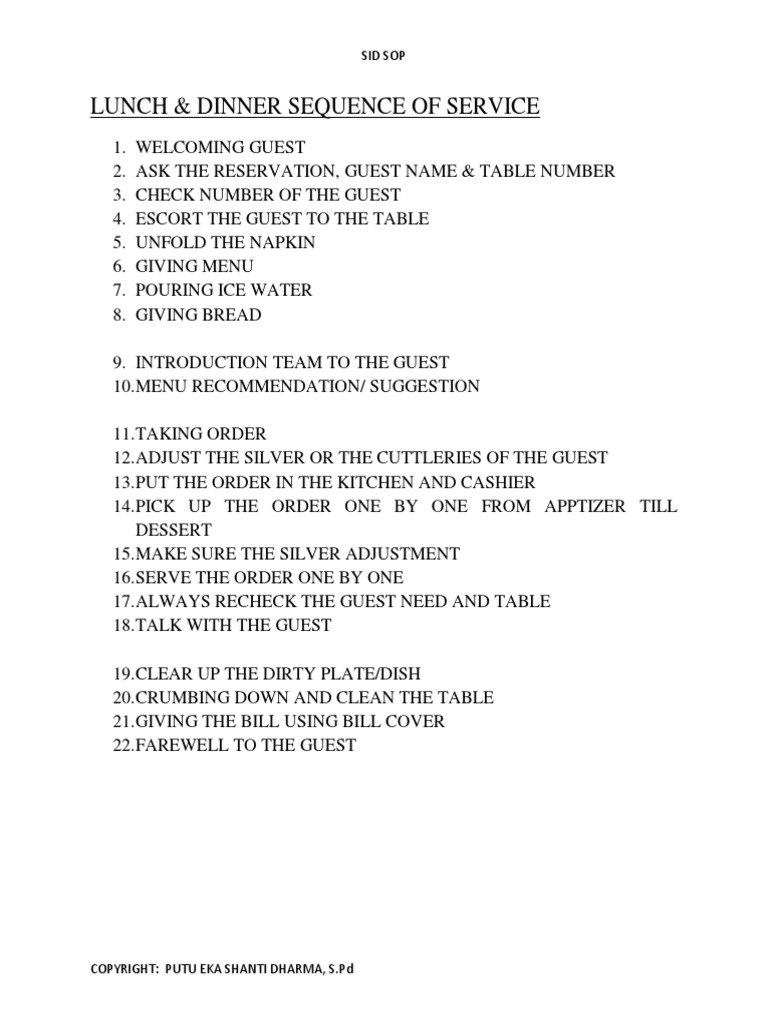 Lunch & Dinner Sequence of Service | PDF | Cooking, Food & Wine