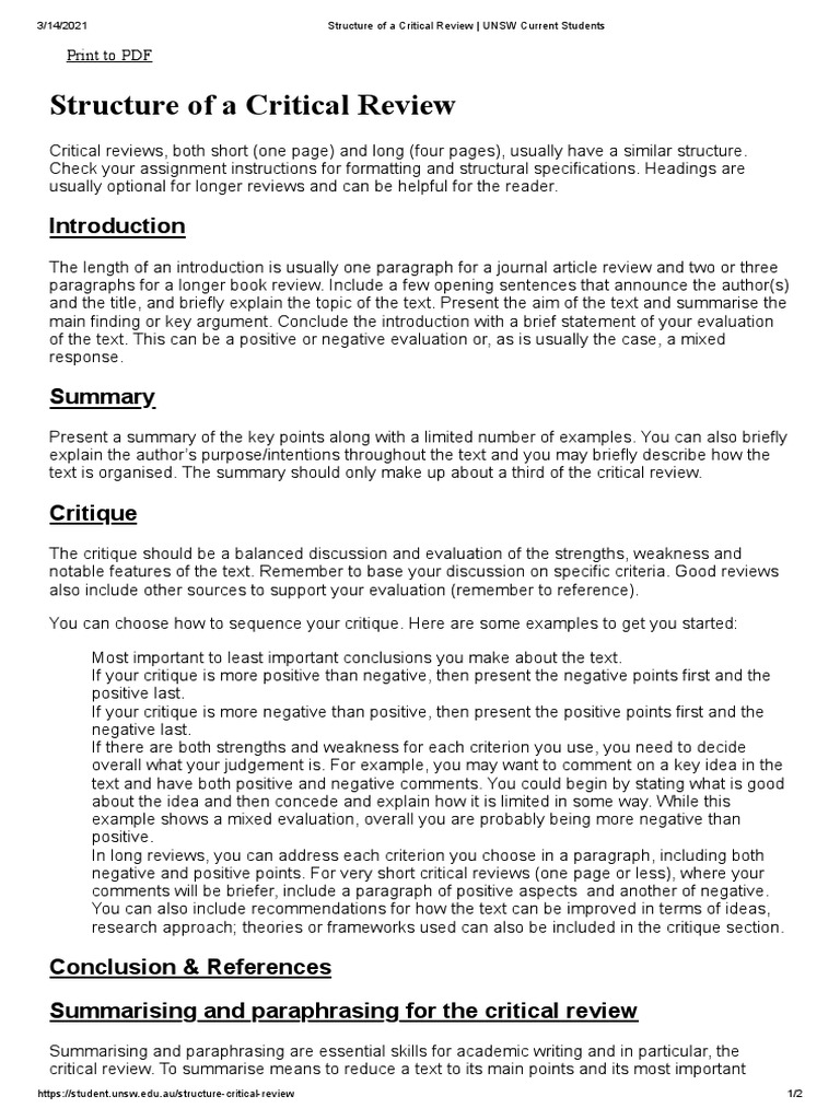 Structure of A Critical Review - UNSW Current Students | PDF ...