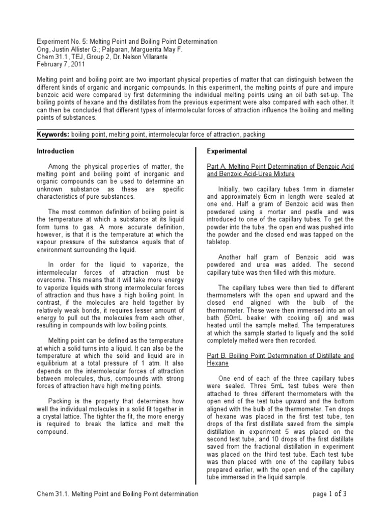 Melting and Boiling Point Determination of Organic Compounds | PDF ...