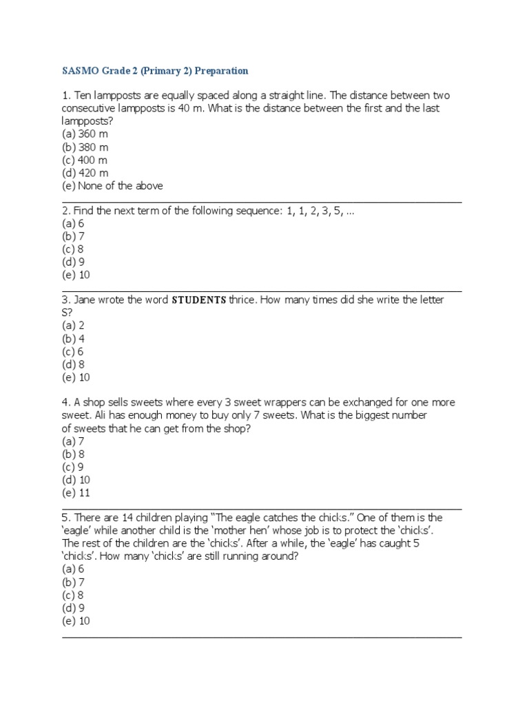 SASMO Grade 2 (Primary 2) Preparation | PDF | Teaching Mathematics