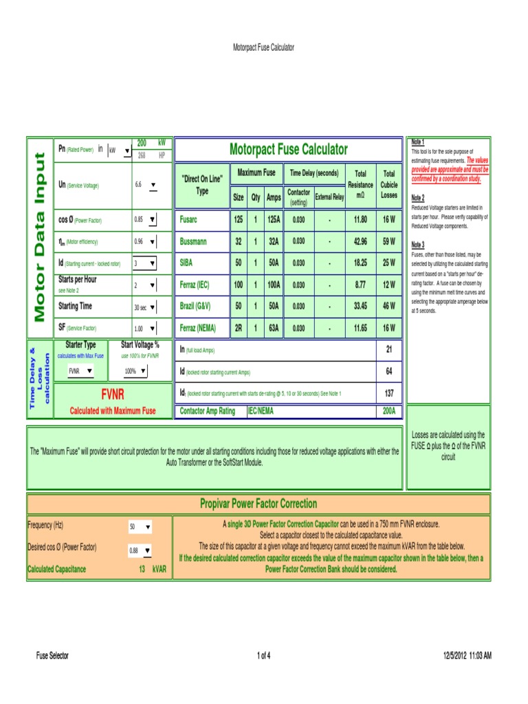 Motorpact Fuse Calculator V2R0 | PDF | Capacitor | Fuse (Electrical)