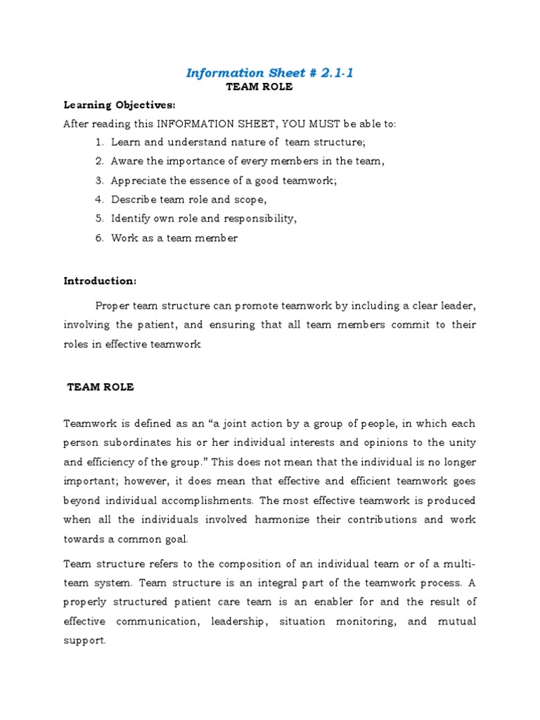 Basic Com 2. Info Sheet 2.1-1 On Team Role | PDF | Collaboration | Time ...