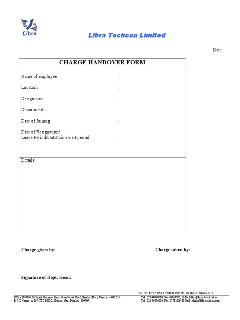 Charge Handover Form Template | PDF