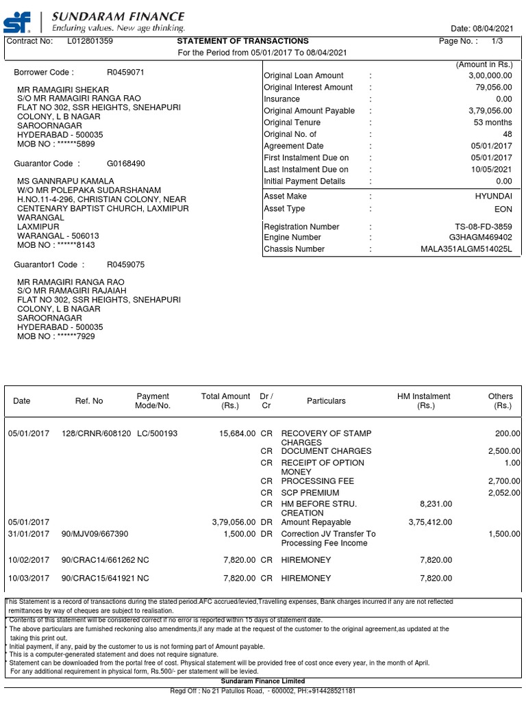 Statement of Transactions: Sundaram Finance Limited | PDF | Cheque ...